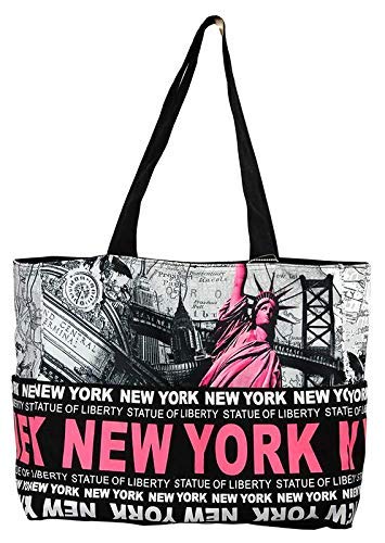 Robin Ruth Statue of Liberty NY Skyline Canvas Tote Shoulder Bag Black/Fuschia