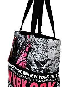 Robin Ruth Statue of Liberty NY Skyline Canvas Tote Shoulder Bag Black/Fuschia