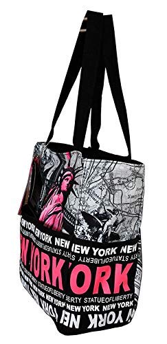 Robin Ruth Statue of Liberty NY Skyline Canvas Tote Shoulder Bag Black/Fuschia