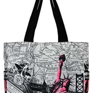 Robin Ruth Statue of Liberty NY Skyline Canvas Tote Shoulder Bag Black/Fuschia