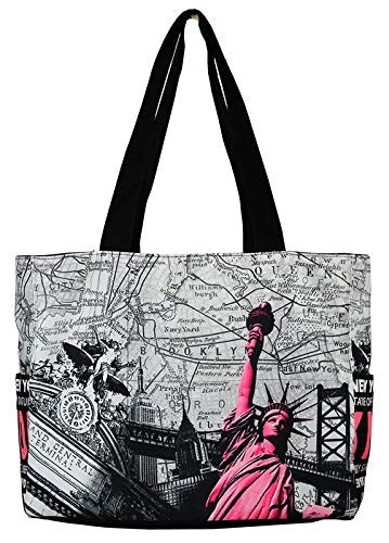 Robin Ruth Statue of Liberty NY Skyline Canvas Tote Shoulder Bag Black/Fuschia