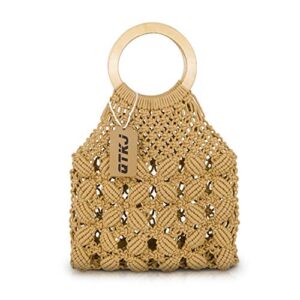 qtkj boho women’s summer beach straw crochet bag hollow out hand-woven cotton tote bag purse with wooden round handle (khaki)