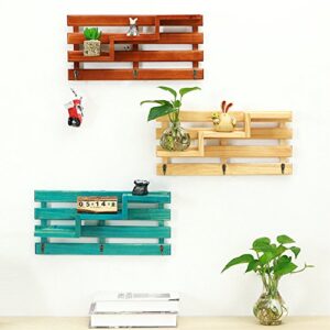 Wood Wall Shelf, Creative 3-Tier Wall Mount Wooden Floating Shelf with 3 Hooks Retro Rustic, Multi Organizer for Entryway Hallway Living Room Office Bathroom Kitchen Bedroom Decoration (Burlywood)