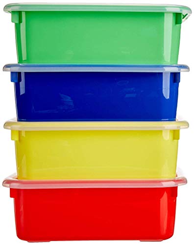 Zilpoo 4-Pack Toy Storage Organization Bins with Lids, 10 Quart Stackable Plastic Shelf Containers with Cover, Classroom School Supplies Closet Shelves Arts and Crafts Bin