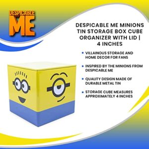 Despicable Me Minions 4-Inch Tin Storage Box Cube Organizer with Lid | Basket Container, Cubby Cube Closet Organizer, Home Decor Playroom Accessories | Cute Gifts And Collectibles