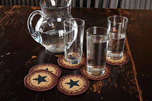 VHC Brands Potomac Star Textured Jute Primitive Tabletop Kitchen Stenciled Round Coaster Set of 6, Natural Tan