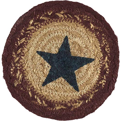 VHC Brands Potomac Star Textured Jute Primitive Tabletop Kitchen Stenciled Round Coaster Set of 6, Natural Tan