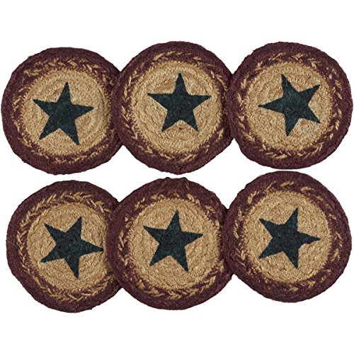 VHC Brands Potomac Star Textured Jute Primitive Tabletop Kitchen Stenciled Round Coaster Set of 6, Natural Tan