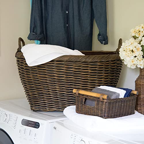 The Basket Lady Oval Wicker Laundry Basket, 25 in L x 19 in W x 14 in H, Antique Walnut Brown