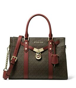 michael michael kors nouveau hamilton large logo and leather satchel in brown/brandy