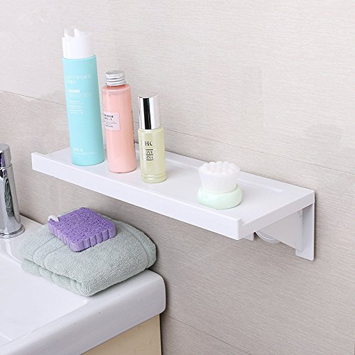 Loouer No Drilling Floating Wall Ledges 15.35inch Wall Mounted Bathroom Shelf with Suction Cup Decorating Shelf for Pictures Ornaments Bedroom Bathroom Home (White)