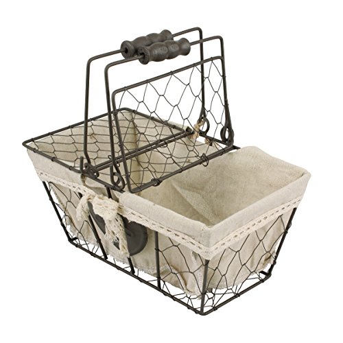 Stonebriar Farmhouse Metal Chicken Wire Picnic Basket with Hinged Lids, Handles, and Heart Detail, 10.5" x 6.5", Cream