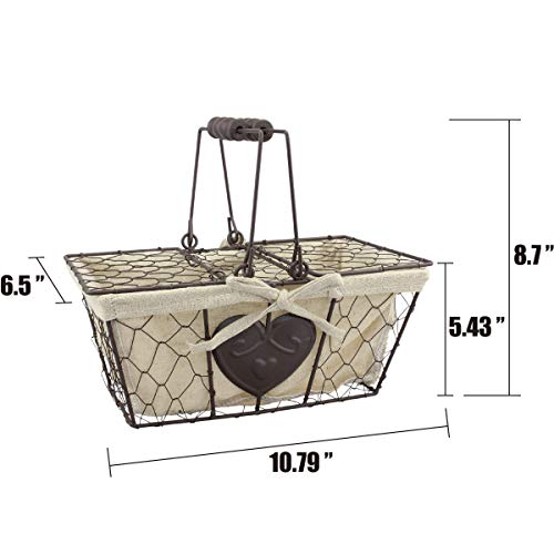 Stonebriar Farmhouse Metal Chicken Wire Picnic Basket with Hinged Lids, Handles, and Heart Detail, 10.5" x 6.5", Cream