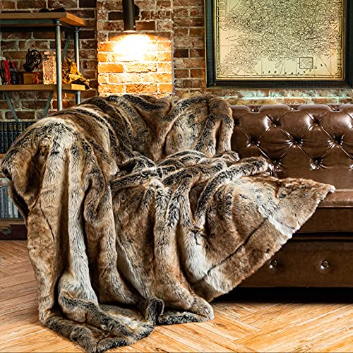 BATTILO HOME Luxury Brown Faux Fur Blanket Thick Warm Elegant Cozy Fuzzy Fur Throw Blankets for Couch, Bed, Sofa Fluffy Blankets Decorative Throw Blanket Reversible to Plush Velvet, 50"x60"