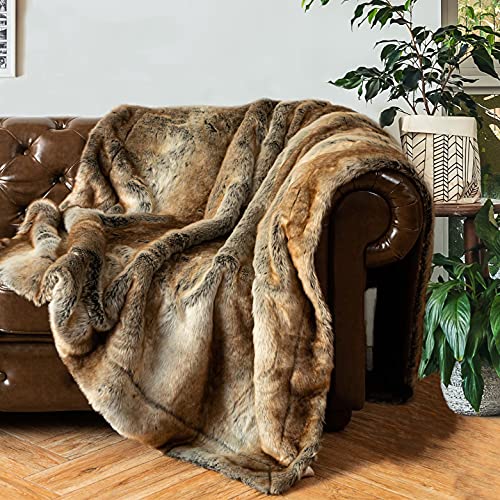 BATTILO HOME Luxury Brown Faux Fur Blanket Thick Warm Elegant Cozy Fuzzy Fur Throw Blankets for Couch, Bed, Sofa Fluffy Blankets Decorative Throw Blanket Reversible to Plush Velvet, 50"x60"