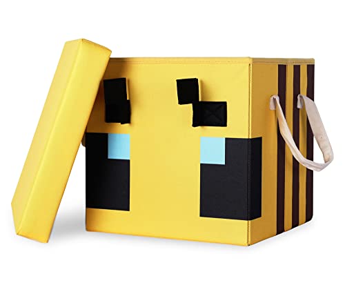 Minecraft Bee 15-Inch Storage Bin Chest With Lid | Foldable Fabric Basket Container, Cube Organizer With Handles, Cubby Closet Organizer | Video Game Gifts And Collectibles