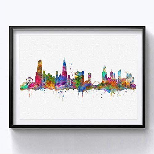 Chicago Skyline City Chicago Watercolor Art Print Chicago Wall Print Poster Painting Home Decor Chicago Wall Hanging Map Skyline 8x10inch No Frame