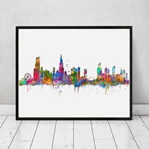 Chicago Skyline City Chicago Watercolor Art Print Chicago Wall Print Poster Painting Home Decor Chicago Wall Hanging Map Skyline 8x10inch No Frame