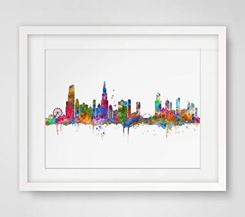 Chicago Skyline City Chicago Watercolor Art Print Chicago Wall Print Poster Painting Home Decor Chicago Wall Hanging Map Skyline 8x10inch No Frame