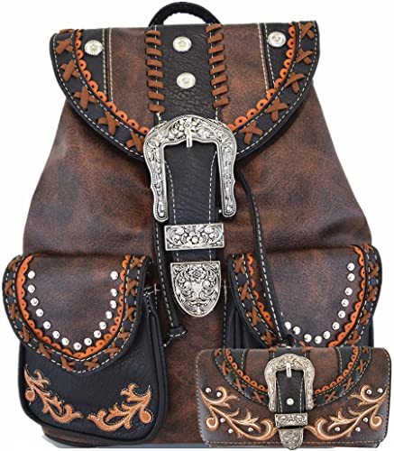 Western Style Tooled Buckle Women Country Backpack School Bag Concealed Carry Daypack Biker Purse Wallet (Coffee Set)