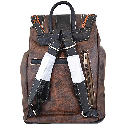 Western Style Tooled Buckle Women Country Backpack School Bag Concealed Carry Daypack Biker Purse Wallet (Coffee Set)