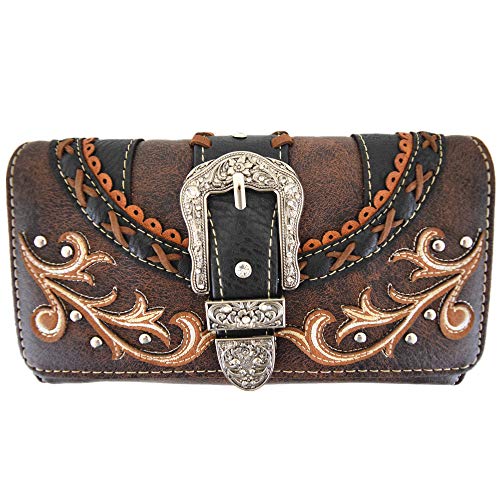 Western Style Tooled Buckle Women Country Backpack School Bag Concealed Carry Daypack Biker Purse Wallet (Coffee Set)