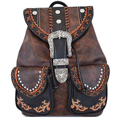 Western Style Tooled Buckle Women Country Backpack School Bag Concealed Carry Daypack Biker Purse Wallet (Coffee Set)