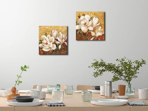 Pyradecor Magnolia Flowers Modern 2 Piece Stretched Floral Canvas Prints Oil Paintings Artwork Style Brown Pictures on Canvas Wall art for Living Room Bedroom Home Decorations