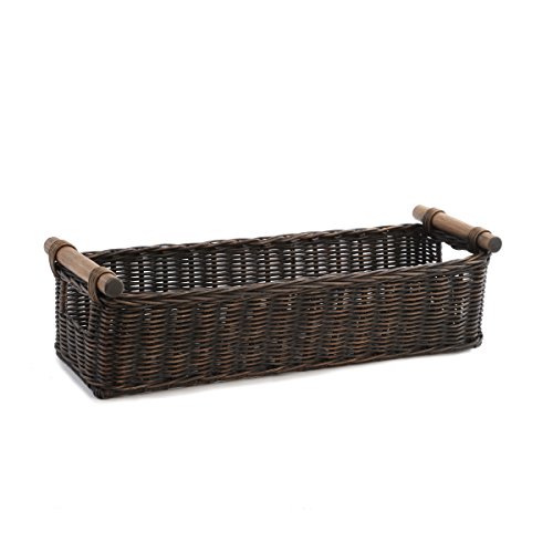 The Basket Lady Long Narrow Pole Handle Wicker Basket, Small, 17 in L x 5 in W x 5.25 in H, Antique Walnut Brown