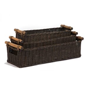 The Basket Lady Long Narrow Pole Handle Wicker Basket, Small, 17 in L x 5 in W x 5.25 in H, Antique Walnut Brown