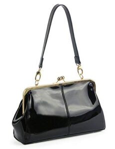 vintage kiss lock handbags shiny patent leather evening shoulder tote bags with chain strap (black)