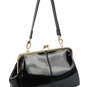 Vintage Kiss Lock Handbags Shiny Patent Leather Evening Shoulder Tote Bags with Chain Strap (Black)