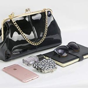 Vintage Kiss Lock Handbags Shiny Patent Leather Evening Shoulder Tote Bags with Chain Strap (Black)