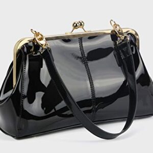 Vintage Kiss Lock Handbags Shiny Patent Leather Evening Shoulder Tote Bags with Chain Strap (Black)