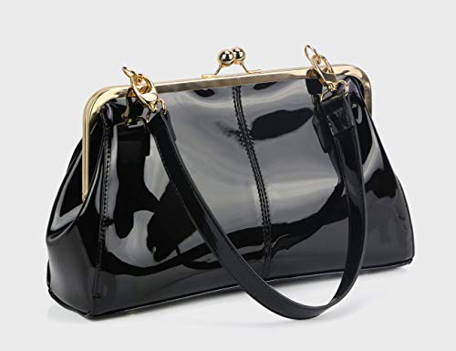 Vintage Kiss Lock Handbags Shiny Patent Leather Evening Shoulder Tote Bags with Chain Strap (Black)