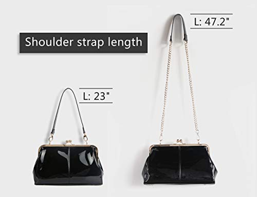 Vintage Kiss Lock Handbags Shiny Patent Leather Evening Shoulder Tote Bags with Chain Strap (Black)