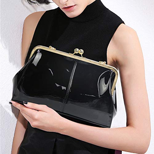 Vintage Kiss Lock Handbags Shiny Patent Leather Evening Shoulder Tote Bags with Chain Strap (Black)