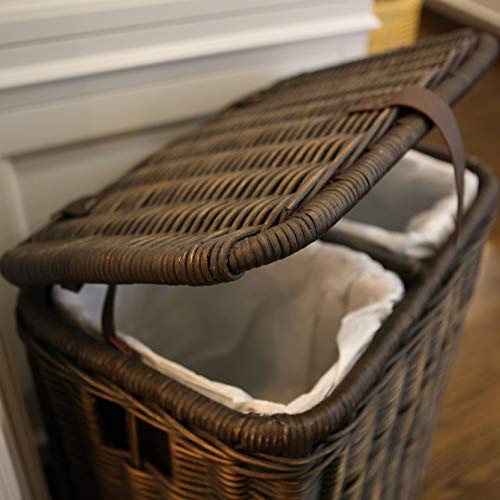 The Basket Lady Divided Wicker Recycling Basket with Removable Metal Liner, 20 in L x 13 in W x 24 in H, Antique Walnut Brown