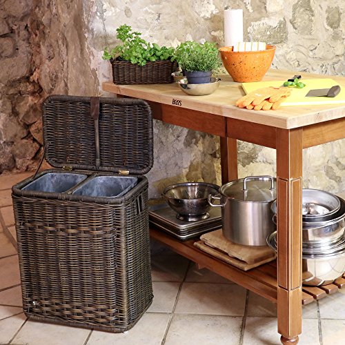 The Basket Lady Divided Wicker Recycling Basket with Removable Metal Liner, 20 in L x 13 in W x 24 in H, Antique Walnut Brown