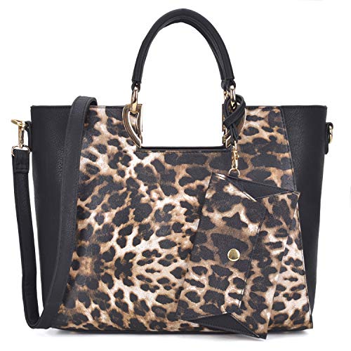 Dasein Womens Tote Satchel Top Handle Shoulder Bag Two Tone Purse Handbag w/Coin Purse Leopard