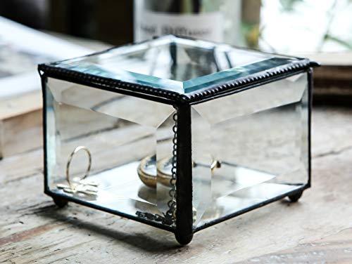 Retro Clear Glass Box Keepsake Jewelry Trinket Boxes Home Decor, Beveled Glass Display Box, 3.75x3.75x3 in