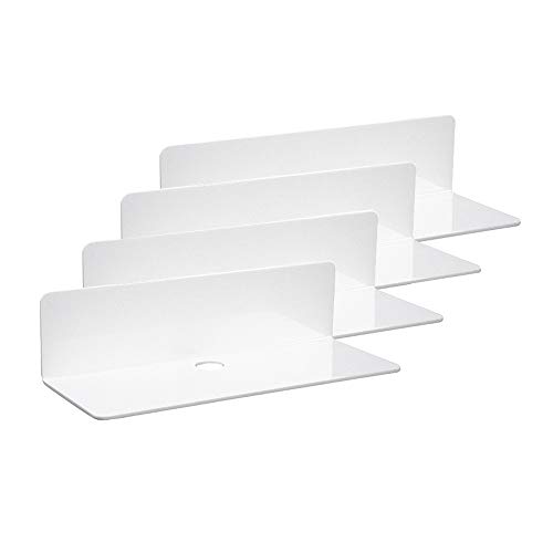 IEEK 9 Inch Acrylic Floating Shelves Set of 4,Small Wall Display Shelf for Bluetooth Speakers/Security Cameras/Nintendo Switch/Action Figures,Damage-Free Wall Shelves Stick-On Shelf,White