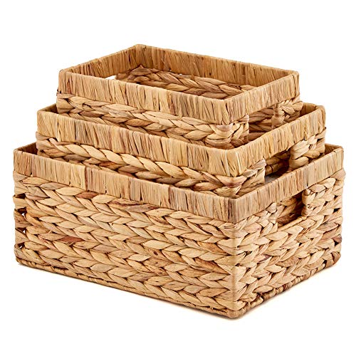 EZOWare Set of 3 Natural Water Hyacinth Wicker Baskets, Environmental Friendly Natural Storage Organizer Nesting Boxes with Handle - Mixed Size (1 Large, 1 Medium, 1 Small)