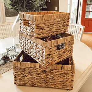 EZOWare Set of 3 Natural Water Hyacinth Wicker Baskets, Environmental Friendly Natural Storage Organizer Nesting Boxes with Handle - Mixed Size (1 Large, 1 Medium, 1 Small)