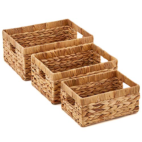 EZOWare Set of 3 Natural Water Hyacinth Wicker Baskets, Environmental Friendly Natural Storage Organizer Nesting Boxes with Handle - Mixed Size (1 Large, 1 Medium, 1 Small)