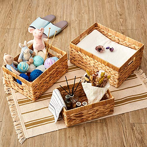 EZOWare Set of 3 Natural Water Hyacinth Wicker Baskets, Environmental Friendly Natural Storage Organizer Nesting Boxes with Handle - Mixed Size (1 Large, 1 Medium, 1 Small)