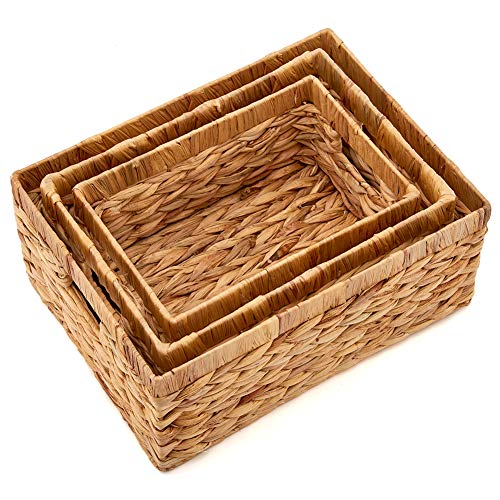 EZOWare Set of 3 Natural Water Hyacinth Wicker Baskets, Environmental Friendly Natural Storage Organizer Nesting Boxes with Handle - Mixed Size (1 Large, 1 Medium, 1 Small)