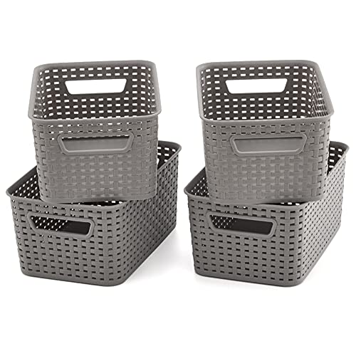 EZOWare Pack of 4 Small Gray Plastic Woven Knit Baskets, 11 x 7.3 x 5 inch Storage Organizer Bins Boxes For Office, Classroom, Desktop, Drawer and More