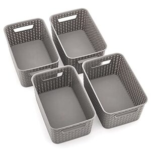 EZOWare Pack of 4 Small Gray Plastic Woven Knit Baskets, 11 x 7.3 x 5 inch Storage Organizer Bins Boxes For Office, Classroom, Desktop, Drawer and More