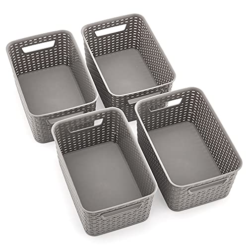 EZOWare Pack of 4 Small Gray Plastic Woven Knit Baskets, 11 x 7.3 x 5 inch Storage Organizer Bins Boxes For Office, Classroom, Desktop, Drawer and More